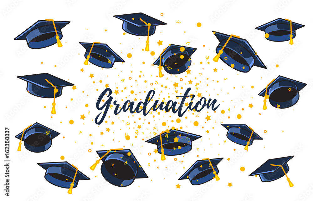 Vector illustration of many graduate caps and confetti on a white ...