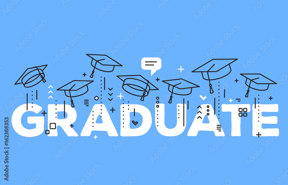 Vector illustration of word graduation with graduate caps on a blue ...