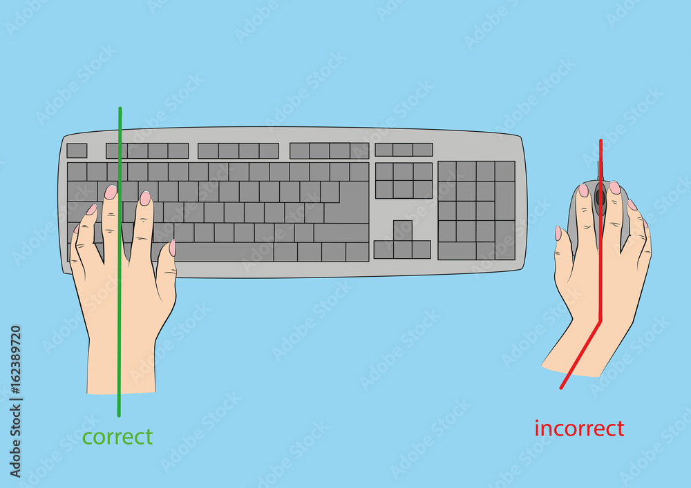 correct and incorrect position of hands to work on the keyboard. vector ...