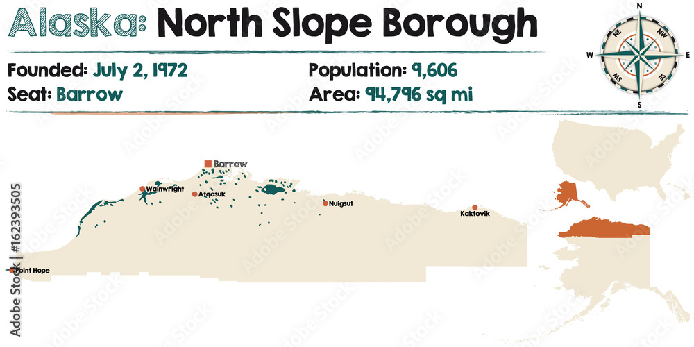 Large and detailed map of North Slope Borough in Alaska. Stock Vector ...