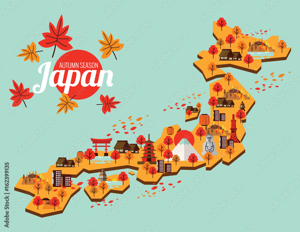 Japan Travel Map. Autumn season in japan. flat design elements. vector ...