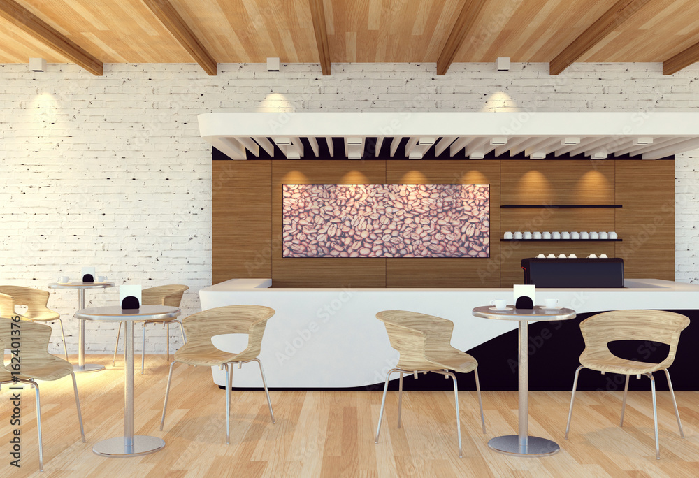 Interior of empty modern coffee shop, 3D rendering Stock Illustration ...
