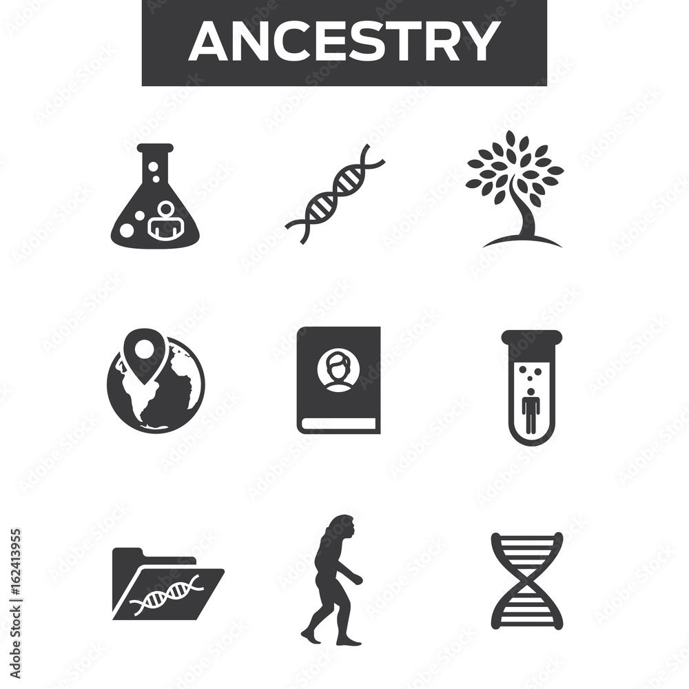 Ancestry or Genealogy Icon Set with Family Tree Album, DNA, beakers ...