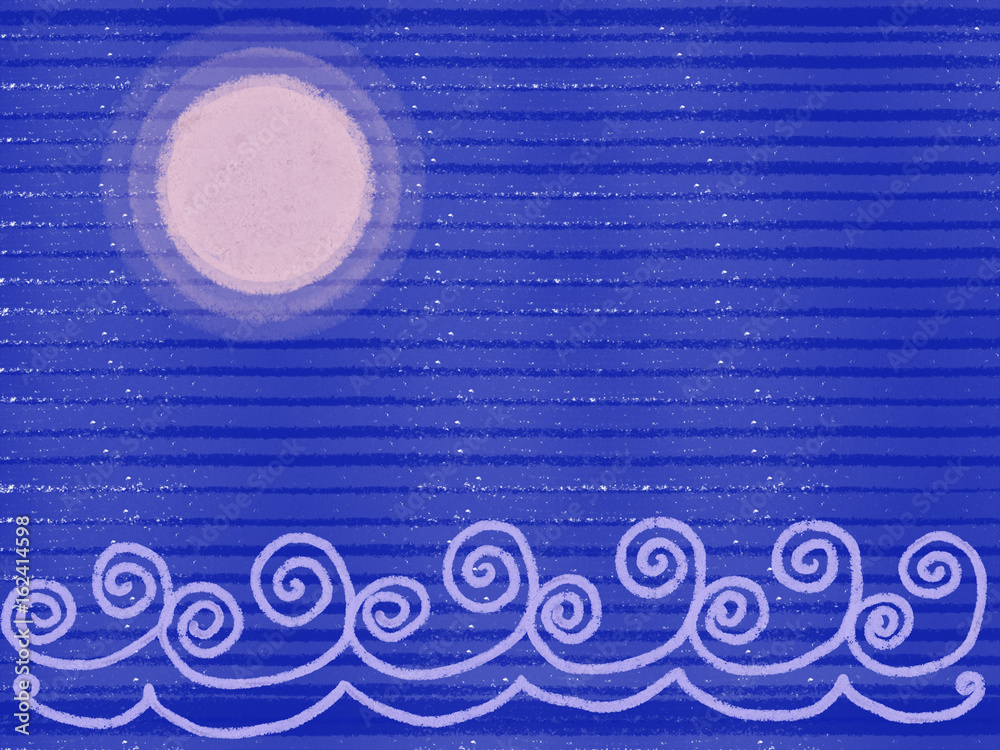 Colorful hand drawn white moon with sea waves on blue background ...