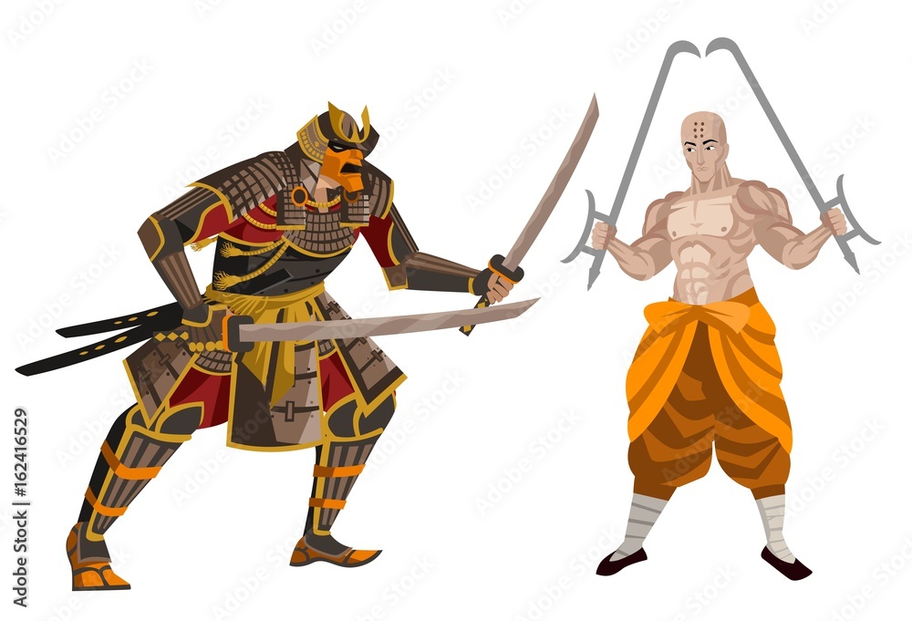 samurai warrior fighting a shaolin monk with hook swords Stock Vector ...