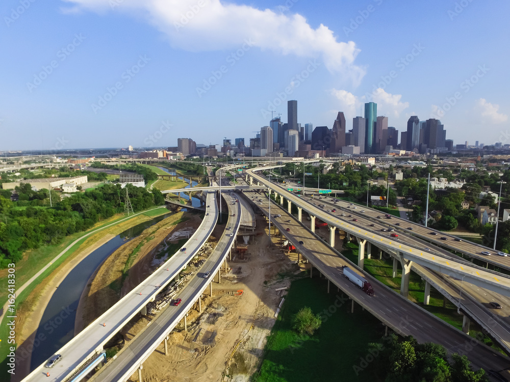 Aerial view downtown and interstate I45 highway with massive ...