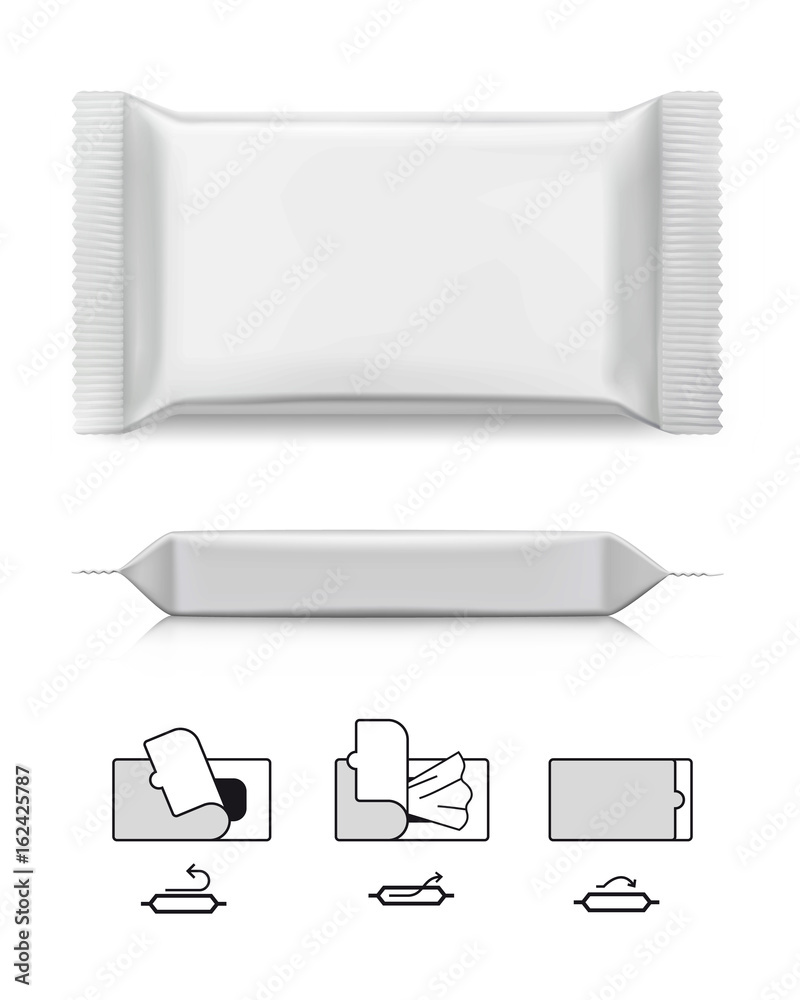 Mockup packages for wet wipes with pictograms. Vector illustration on ...