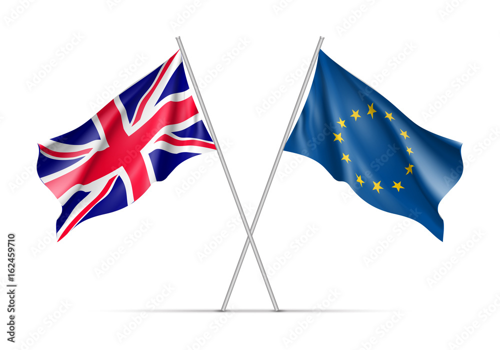 The United Kingdom and European Union waving flags on flagpole. EU sign ...
