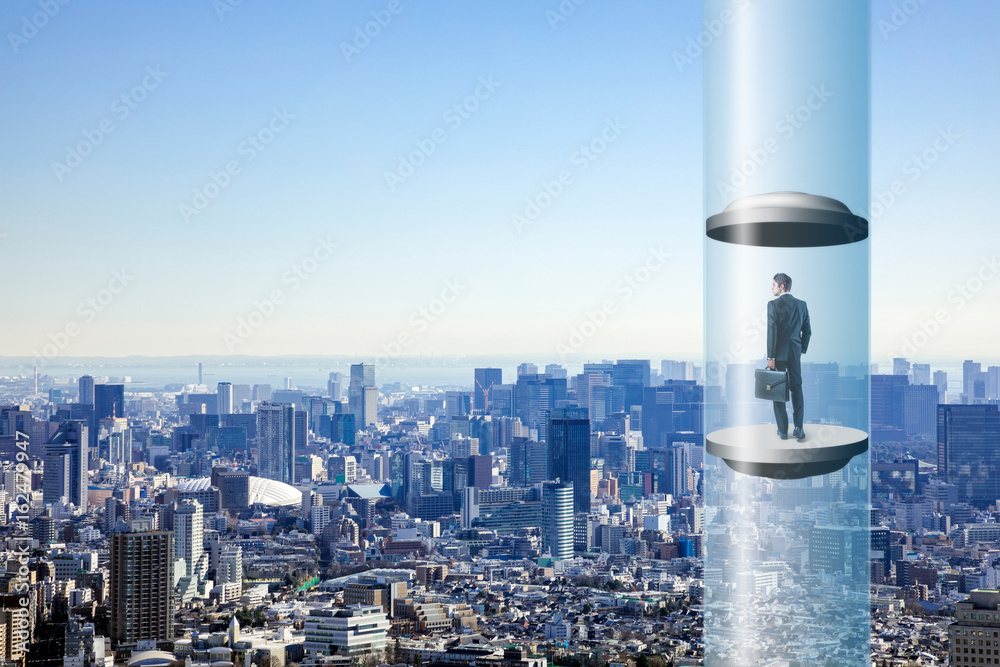 modern city skyline and futuristic elevator. space elevator concept ...