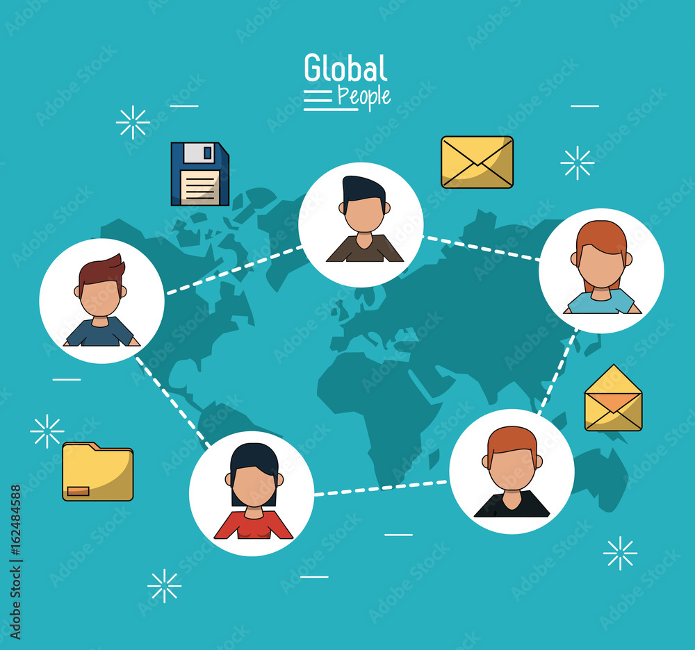 poster of global people with light blue background with map of the ...