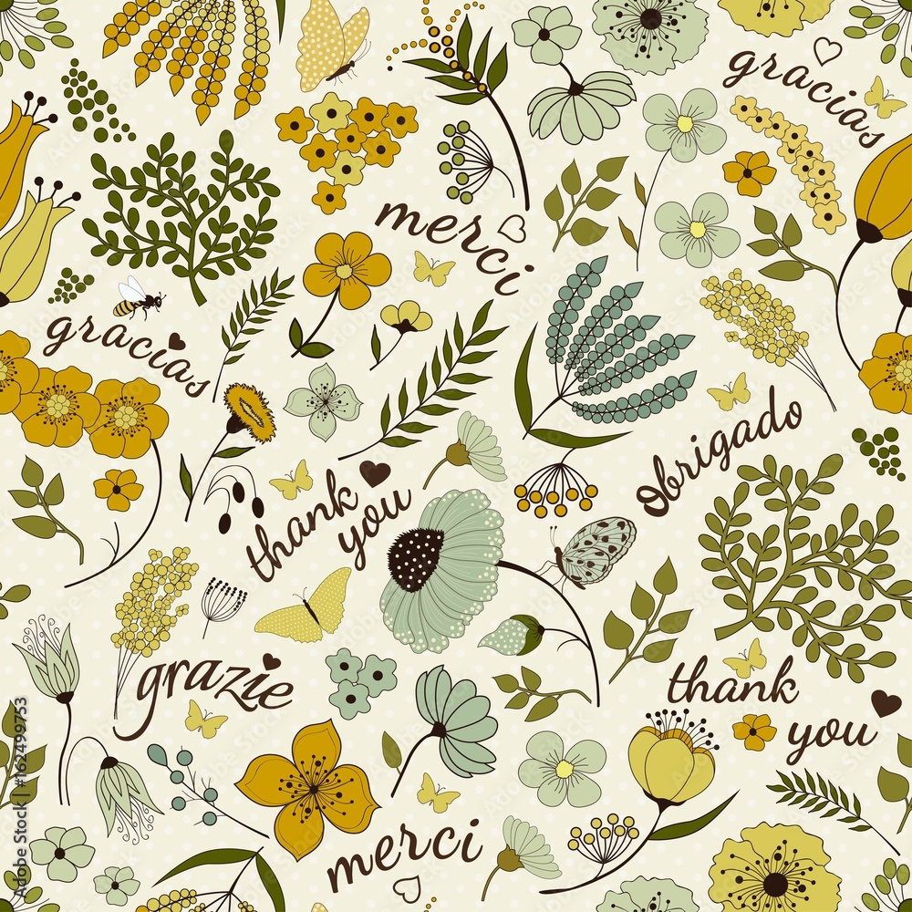 Seamless floral pattern with -thank you- words Stock Vector | Adobe Stock