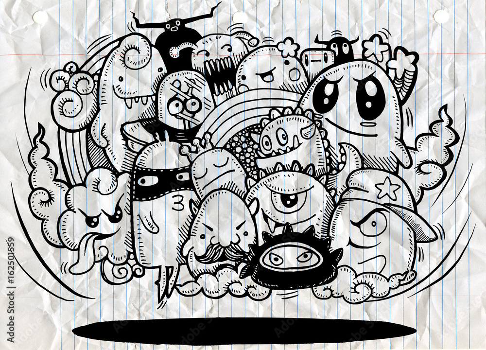 Angry cartoon monster.Hand drawn Crazy doodle Monster group, Halloween ...