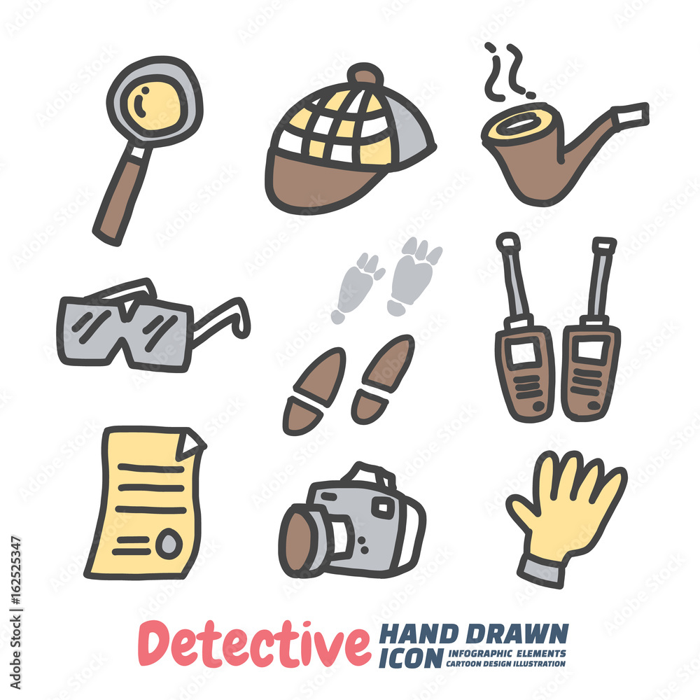 Detective Hand Drawn cartoon vector symbols and icon set, Design ...