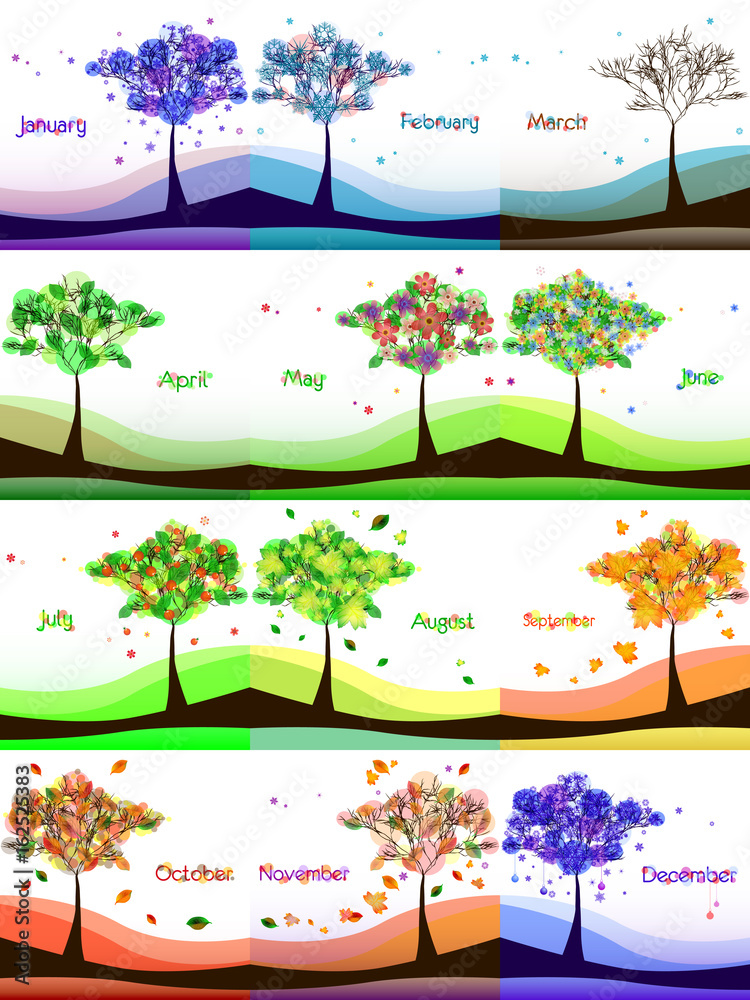 Calendar design from Green Nature series with abstract seasonal elegant ...