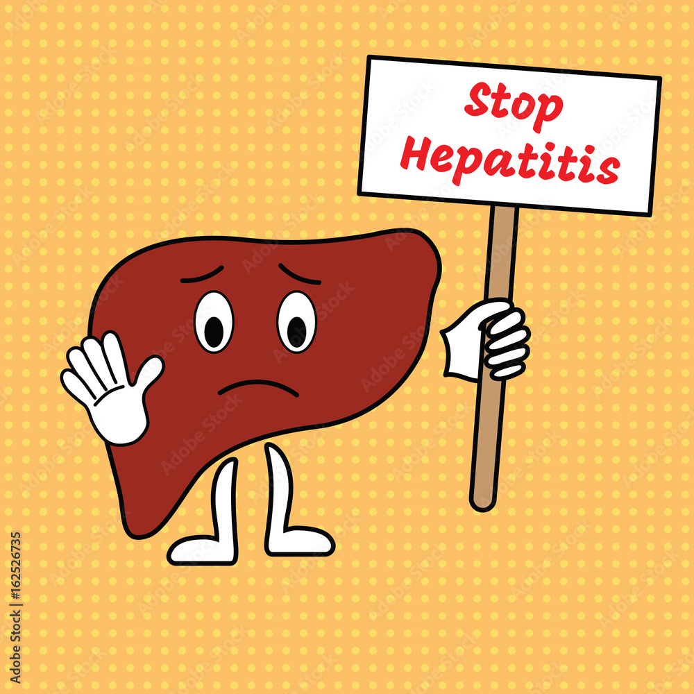 Vector illustration of a cartoon liver with a poster Stop the hepatitis ...