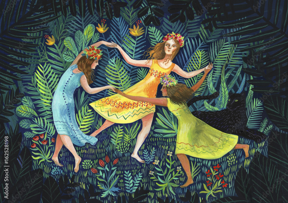 Three girls dancing in the forest Stock Illustration | Adobe Stock