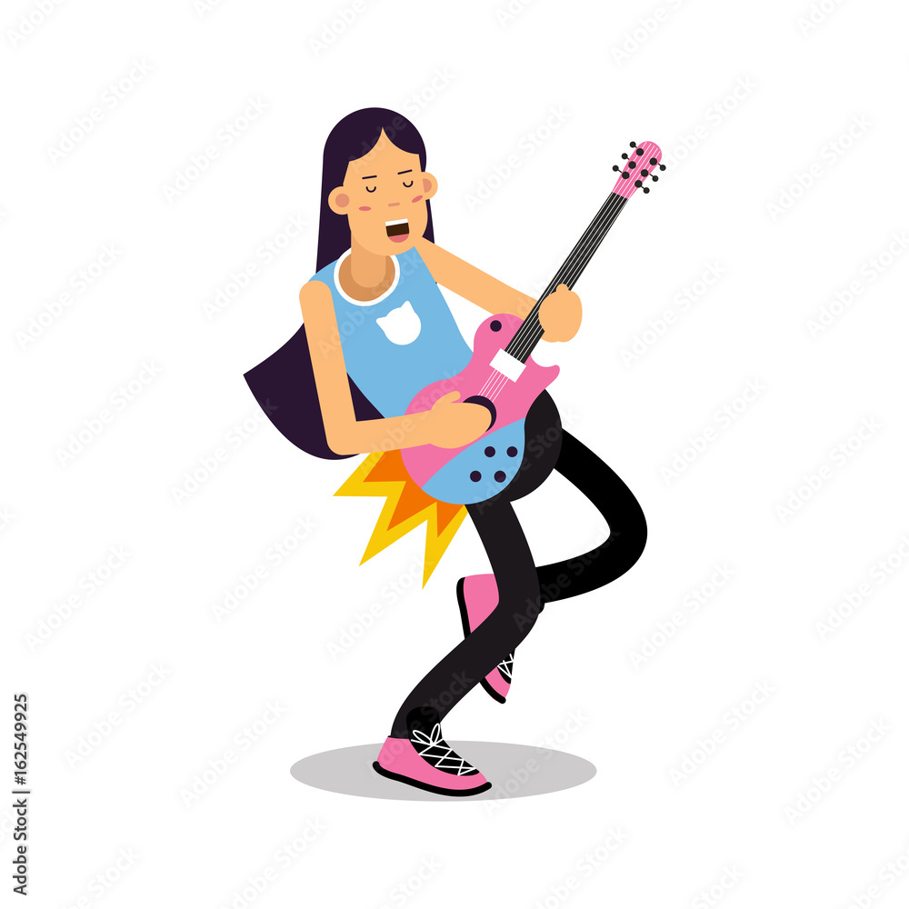 Rock musician with long hairs playing on electrical guitar cartoon ...