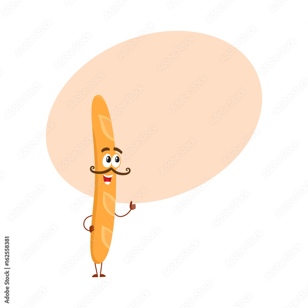 French baguette, white long bread character with smiling human face and ...