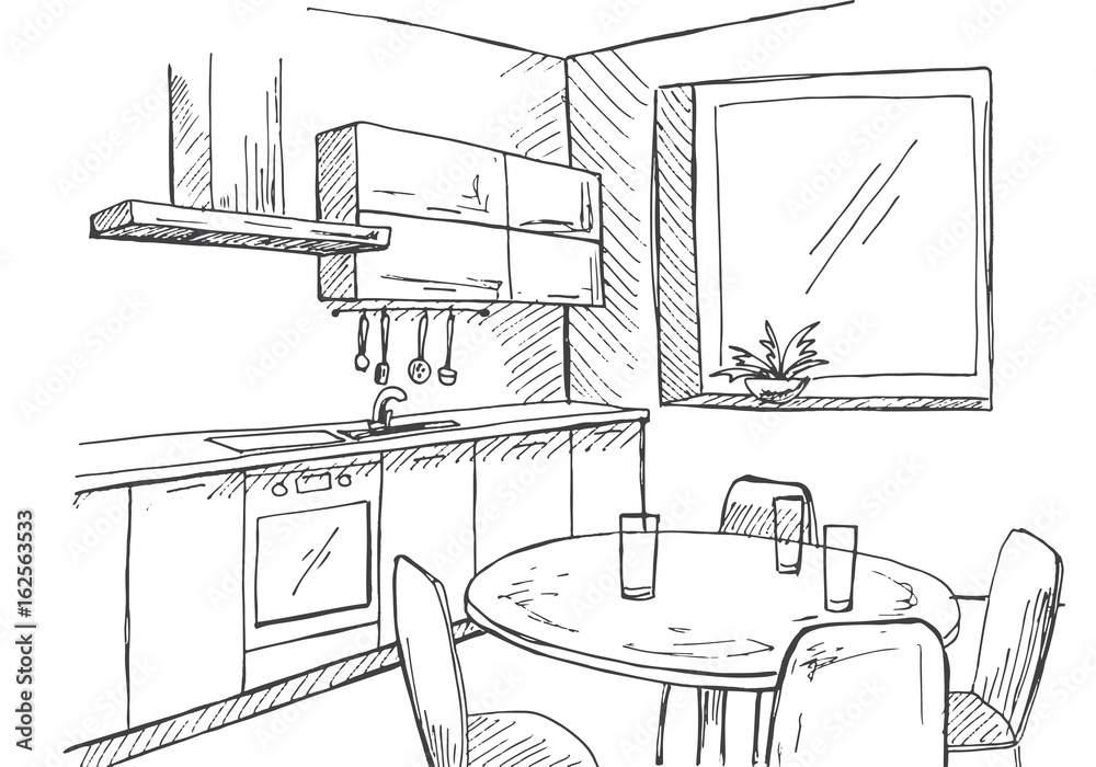 Sketch kitchen with a window. Vector illustration in a sketch style ...