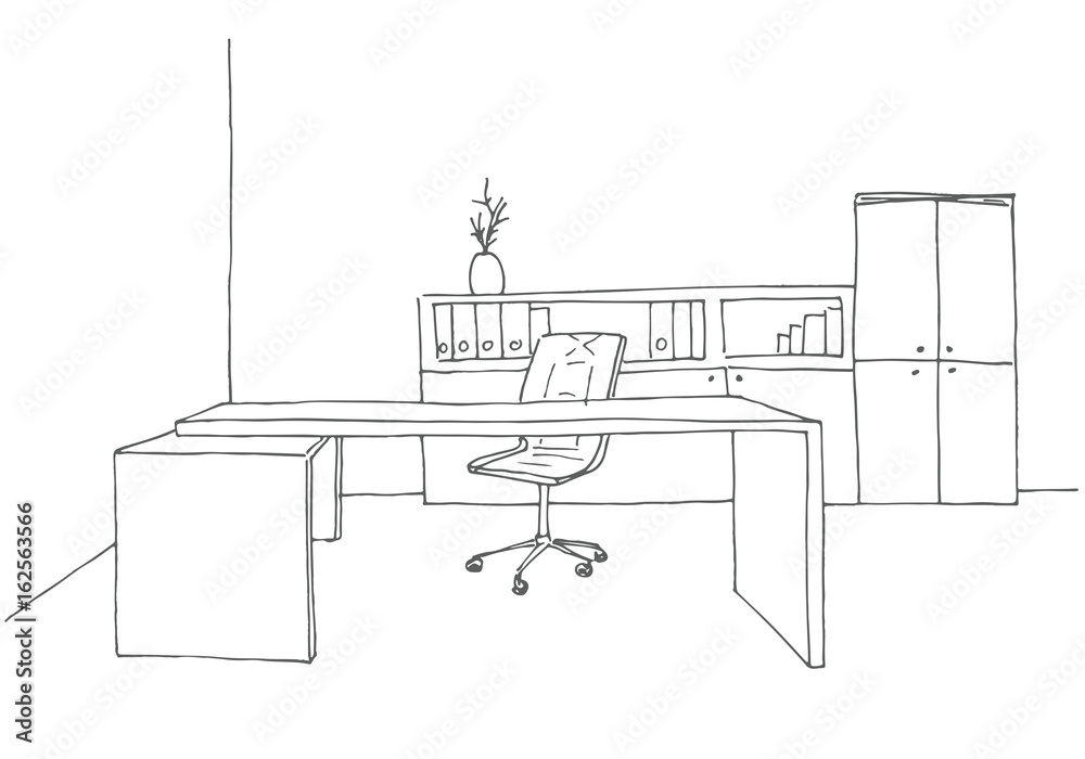 Office in a sketch style. Hand drawn office furniture. Vector ...
