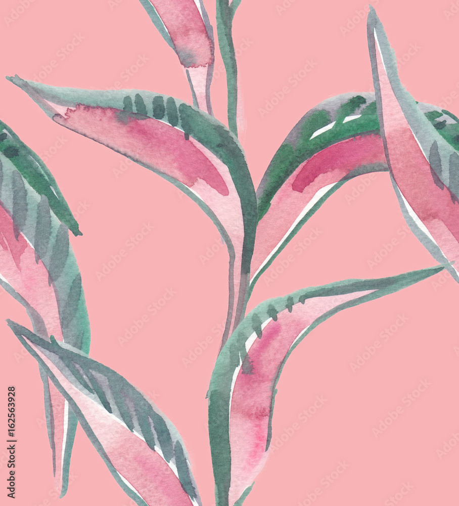 Seamless background pattern with emerald green and pale pink tropical ...