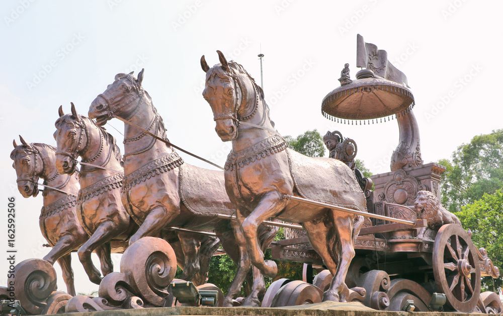 Giant Krishna-Arjuna chariot made of bronze metal, situated at Brahma ...