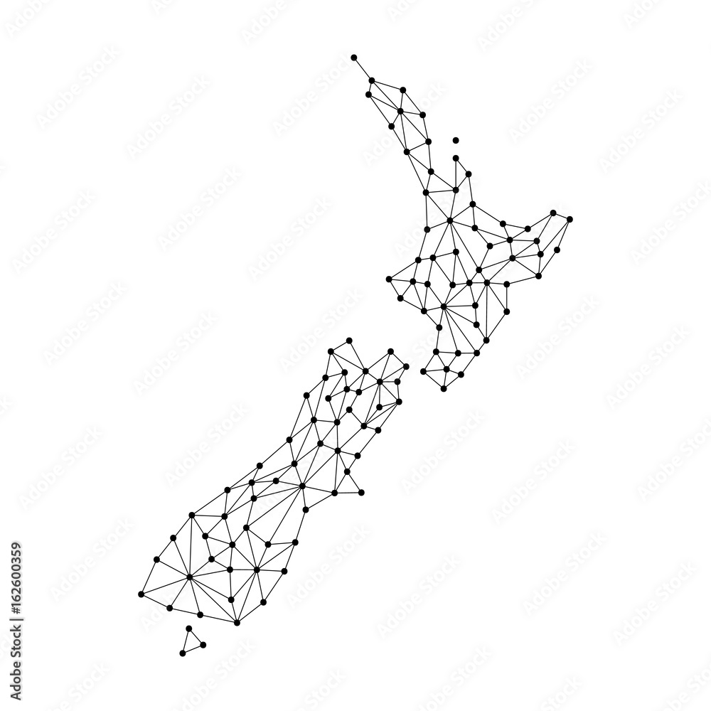 New Zealand map of polygonal mosaic lines network, rays and dots vector ...