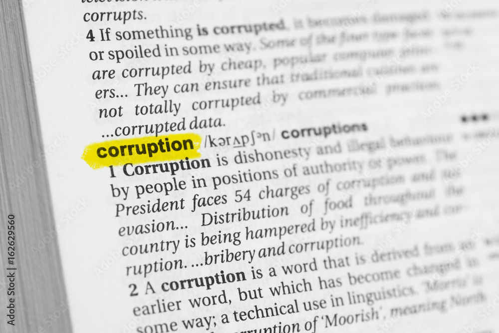 Highlighted English word "corruption" and its definition at the ...