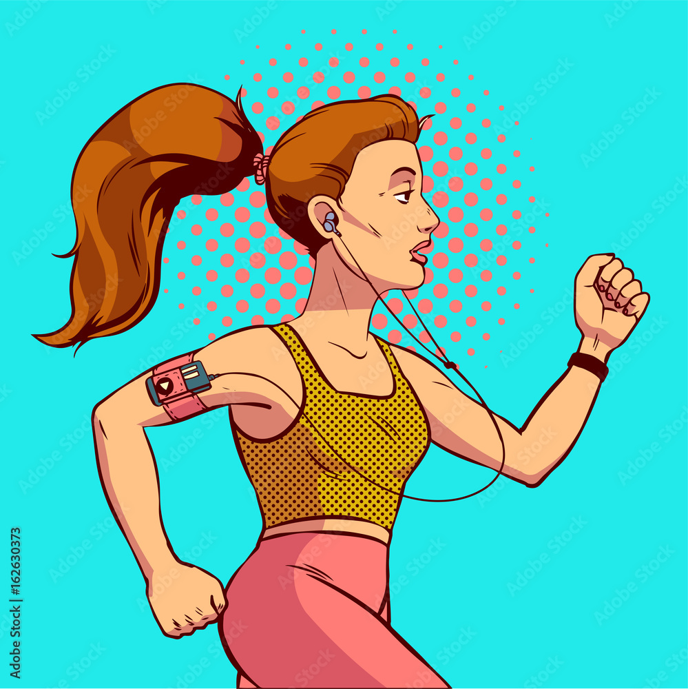 Running girl pop art. Preparing for a marathon in a comic style. Vector ...