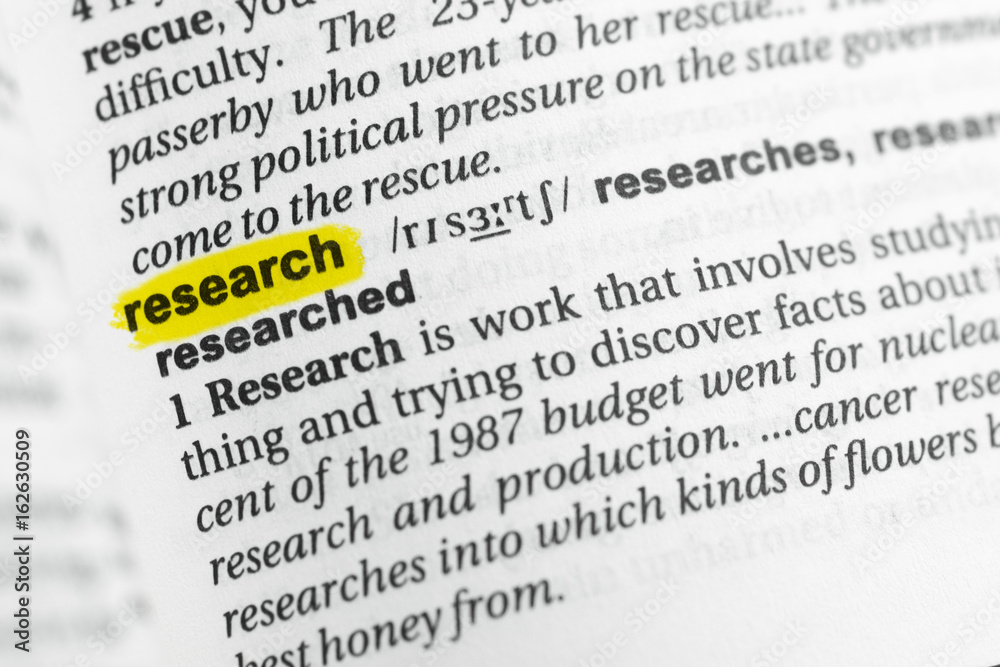 Highlighted English word "research" and its definition at the ...