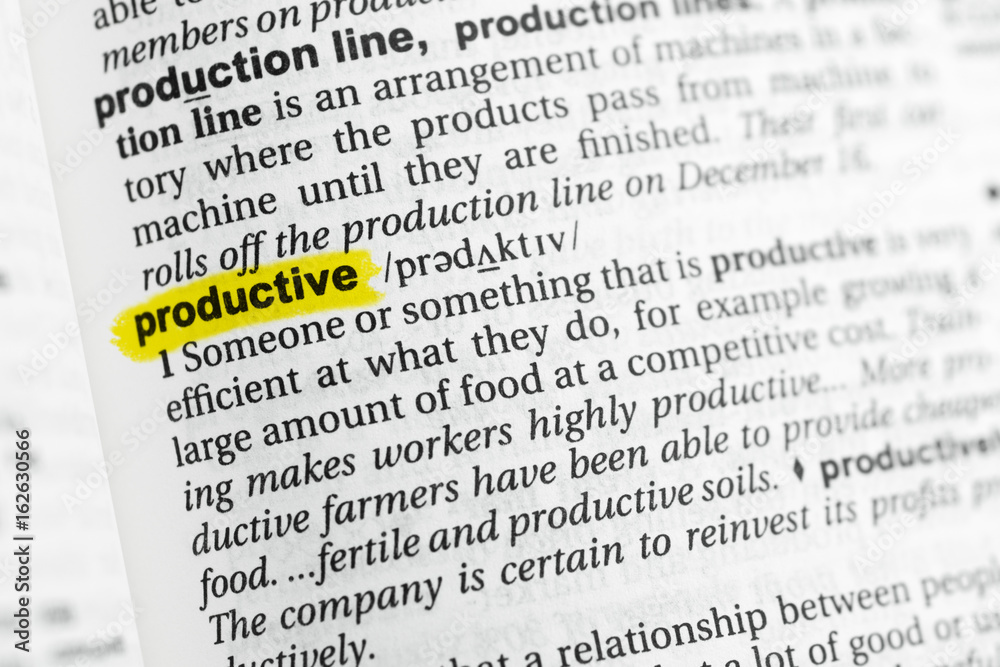 Highlighted English word "productive" and its definition at the ...