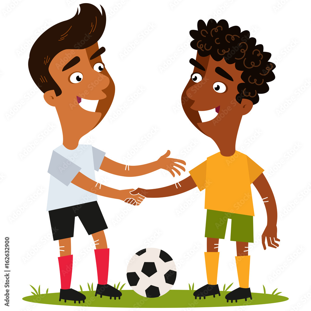 Vector illustration of two friendly cartoon soccer players standing on ...