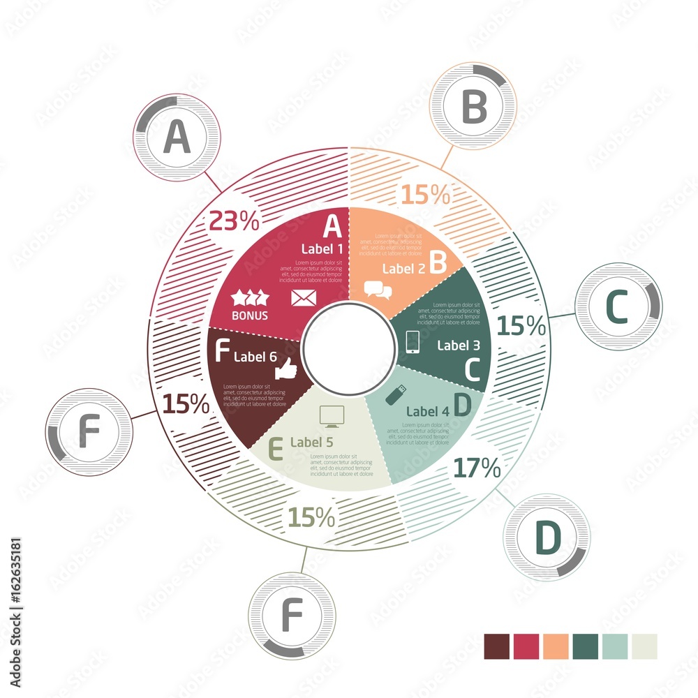 Modern paper infographics in a 6 pie chart for web, banners, mobile ...