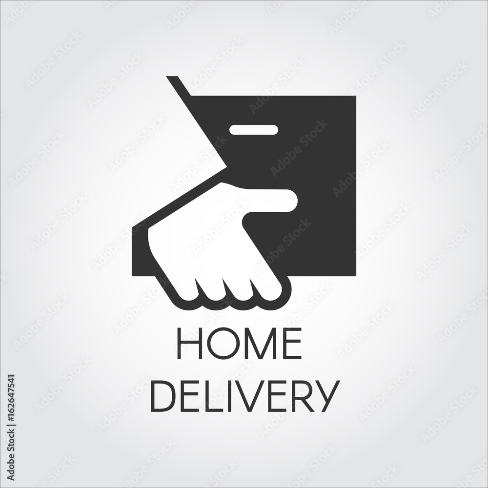 Black icon of hand holding parcel in flat style. Home delivery, fast ...