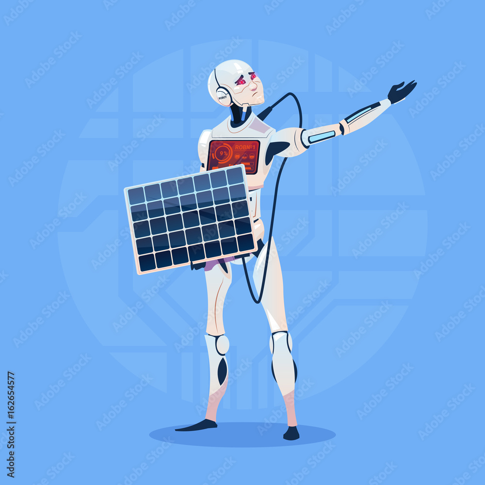 Modern Robot Charging Battery From Solar Panel Futuristic Artificial ...