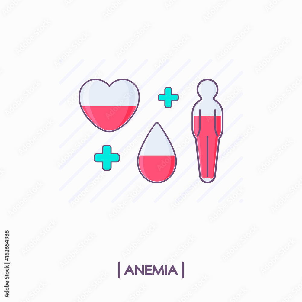 Collection of anemia icons. Heart, drop and human body with low level ...