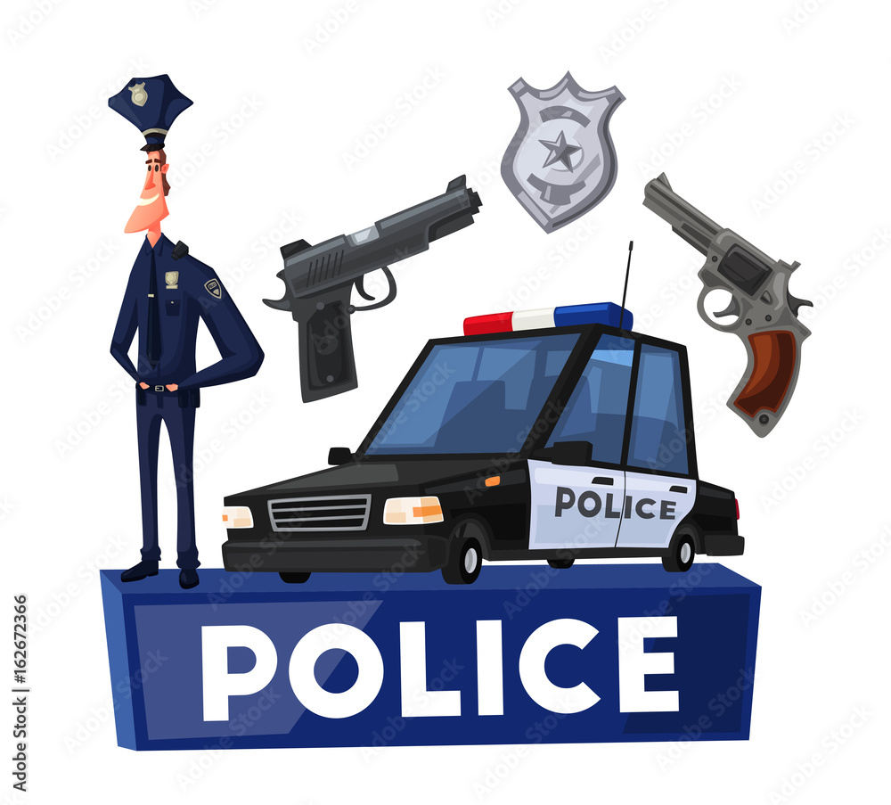 Policeman character and police car. Cartoon vector illustration Stock ...