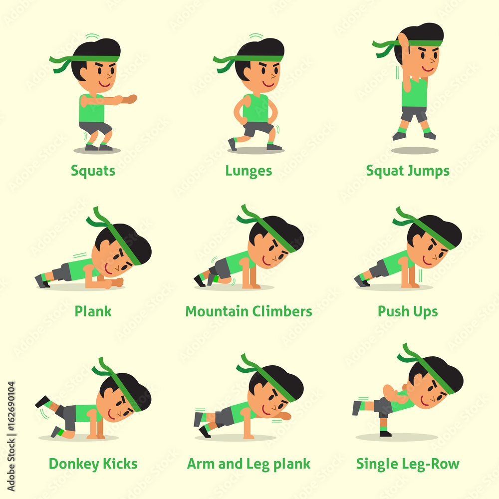 Cartoon set of a man doing exercises for health and fitness Stock ...