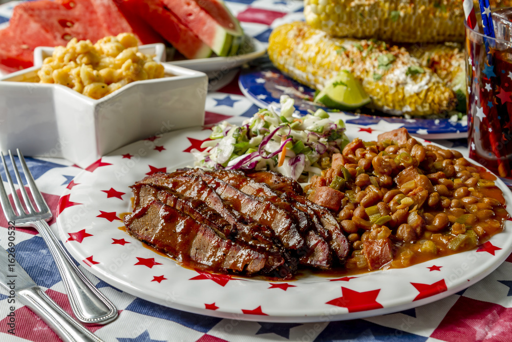 Barbecue beef brisket holiday picnic table Stock Photo | Adobe Stock