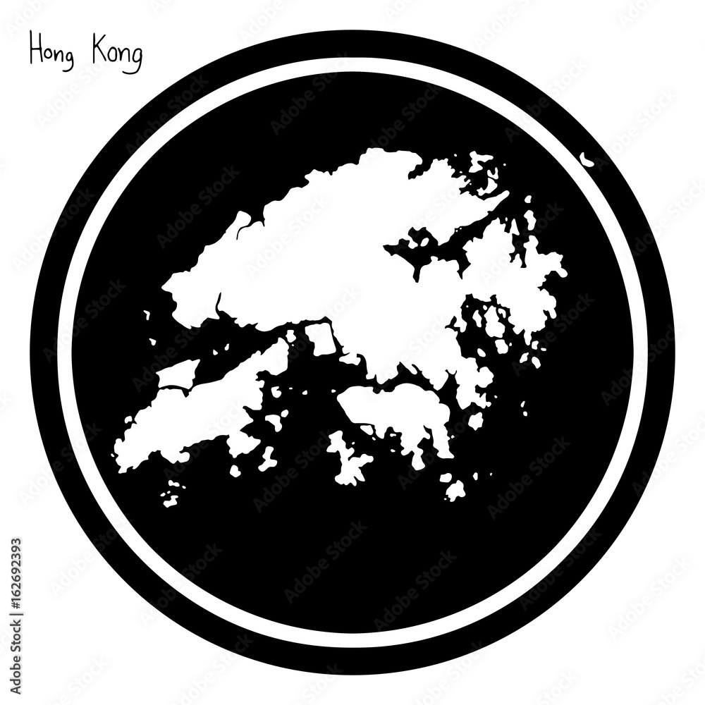 vector illustration white map of Hong Kong on black circle, isolated on ...