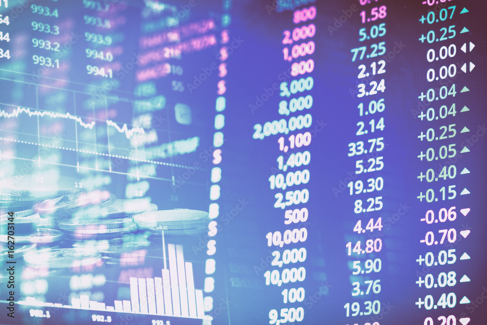 Abstract financial stock numbers chart with graph and stack of coins in ...