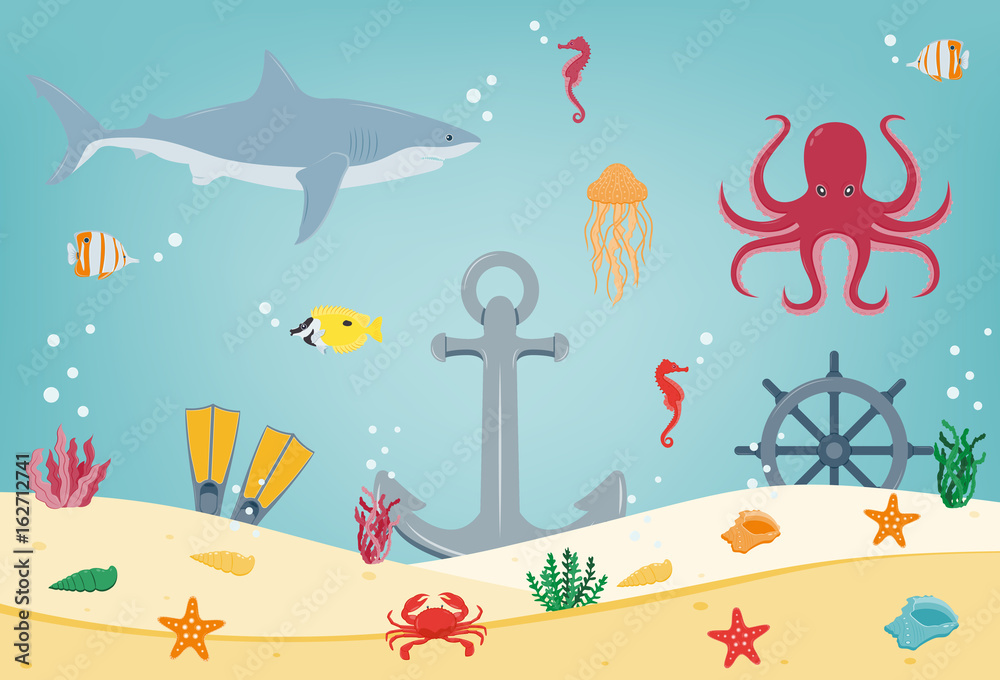 Sea icons and symbols set. Sea animals. Nautical design elements ...