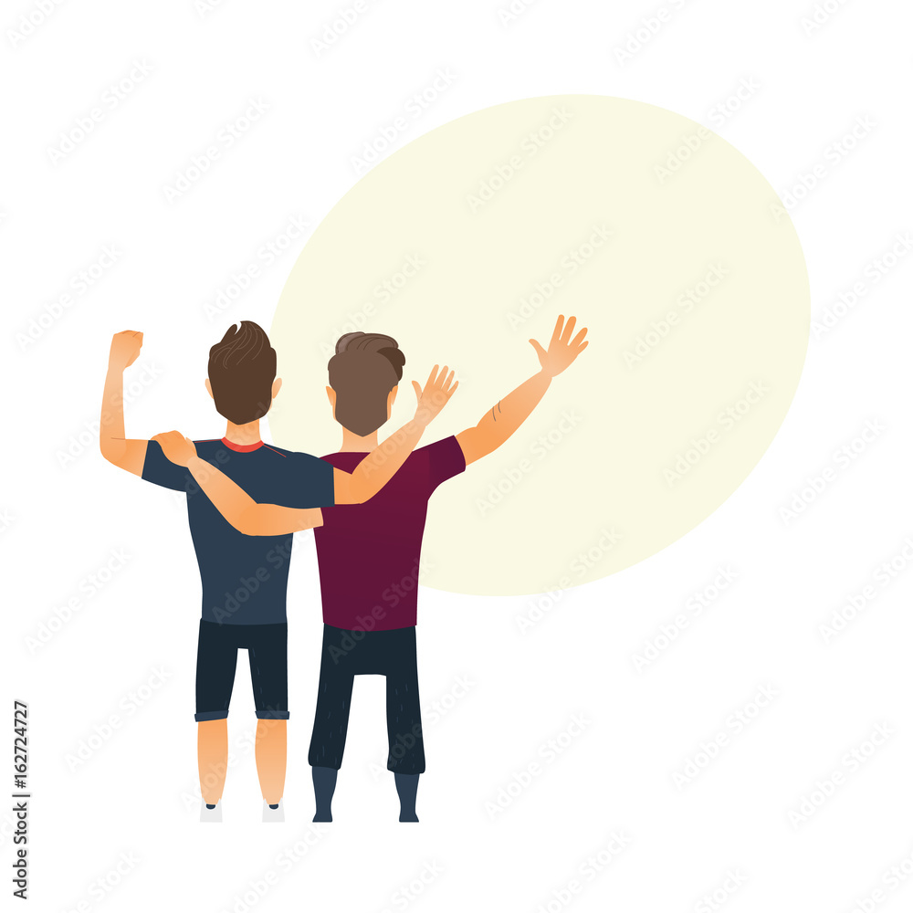 Male friendship - two boys, men, friends hugging each others, waving ...