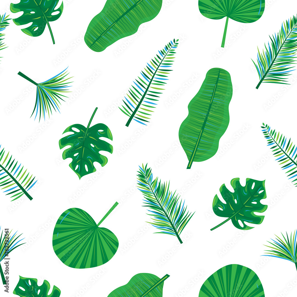 Seamlesss pattern with hand drawn cartoon style tropical leaves. Stock ...