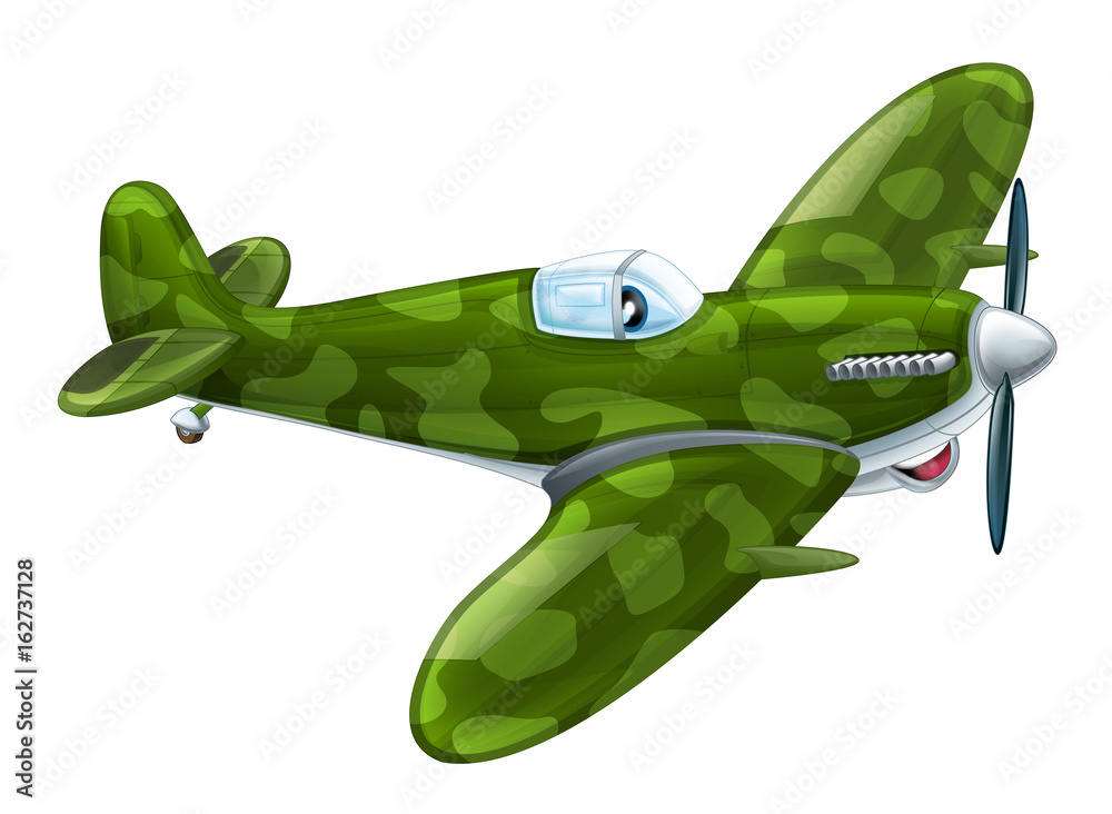 cartoon traditional military plane with propeller flying and smiling ...