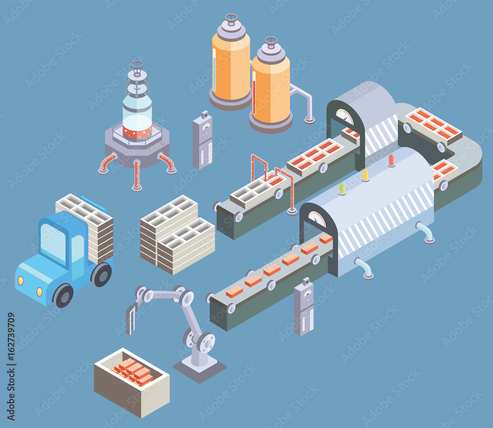 Automated production line. Factory floor with conveyor and various ...