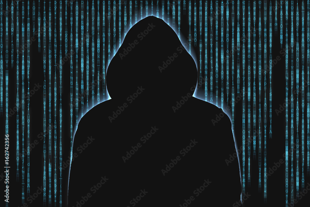 Hacker silhouette in front of falling numbers and characters. Cyber ...