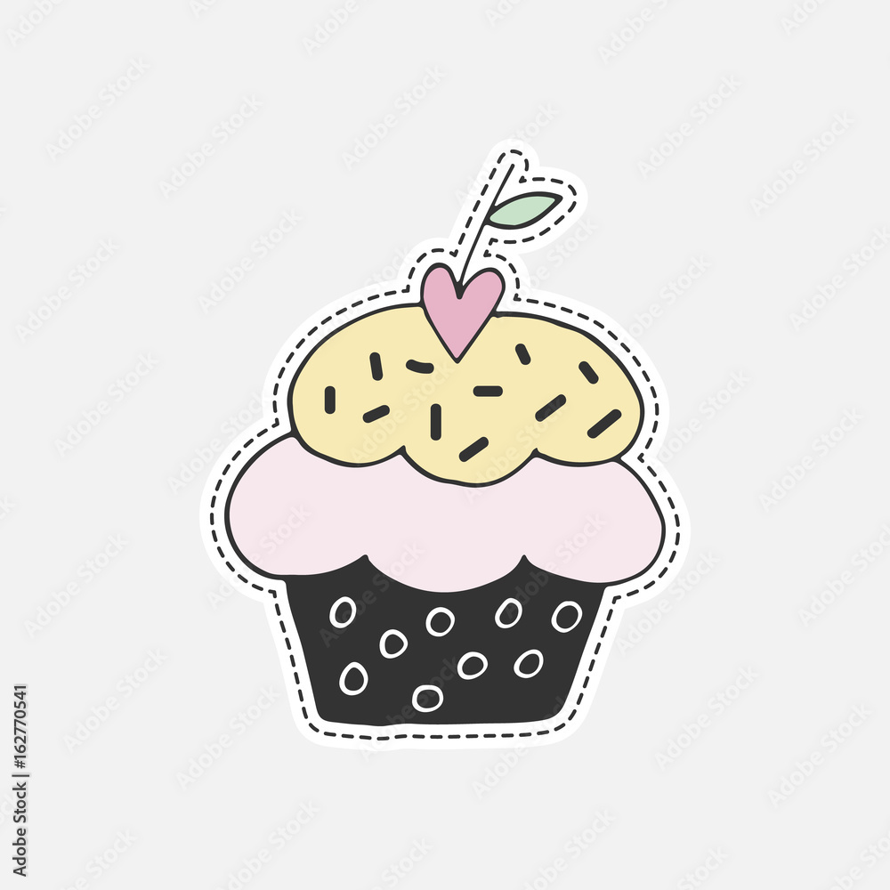 Sweet hand drawn cupcake. Isolated vector illustration in patch style ...