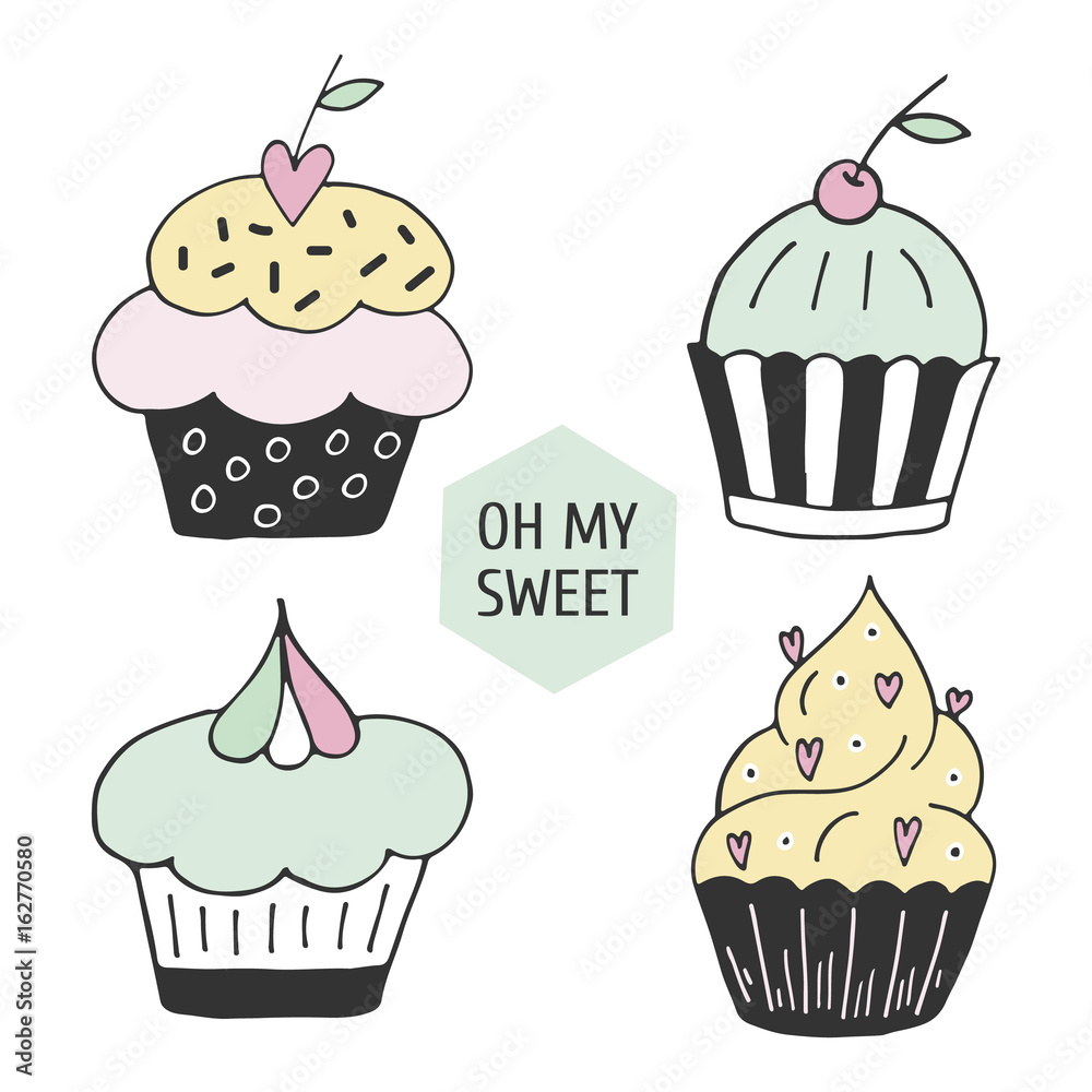 Set of colorful cartoon hand drawn cupcake. Isolated vector ...