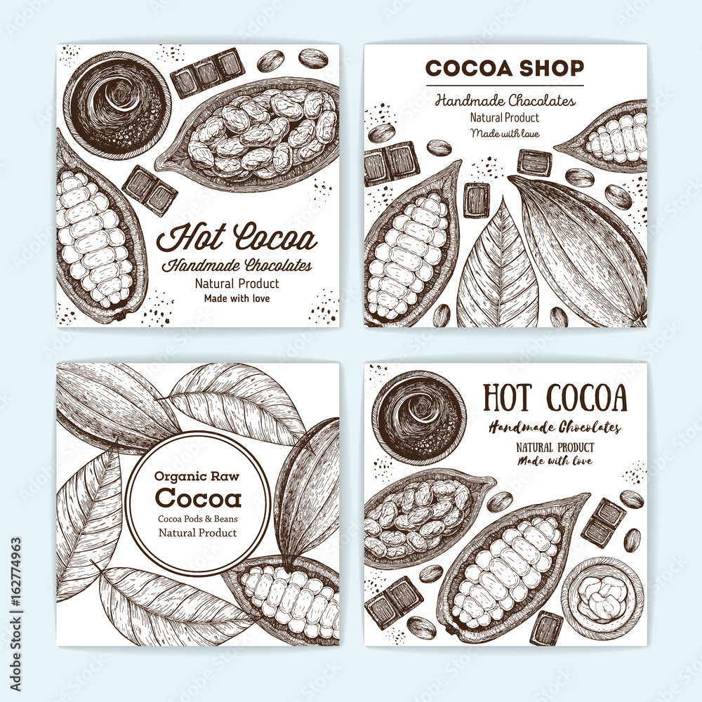 Banner set for cocoa shop. Square banner collection with cocoa products ...